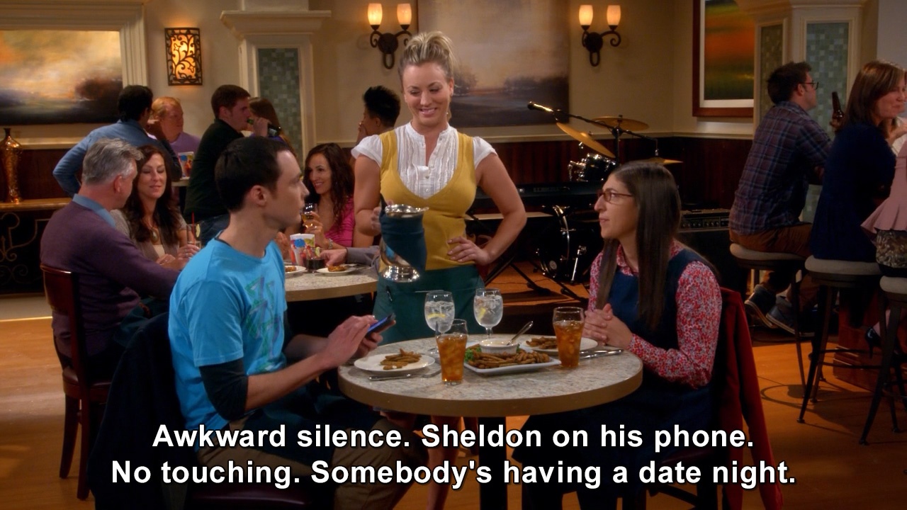 Awkward silence. Sheldon on his phone. No touching. Somebody's having a ...