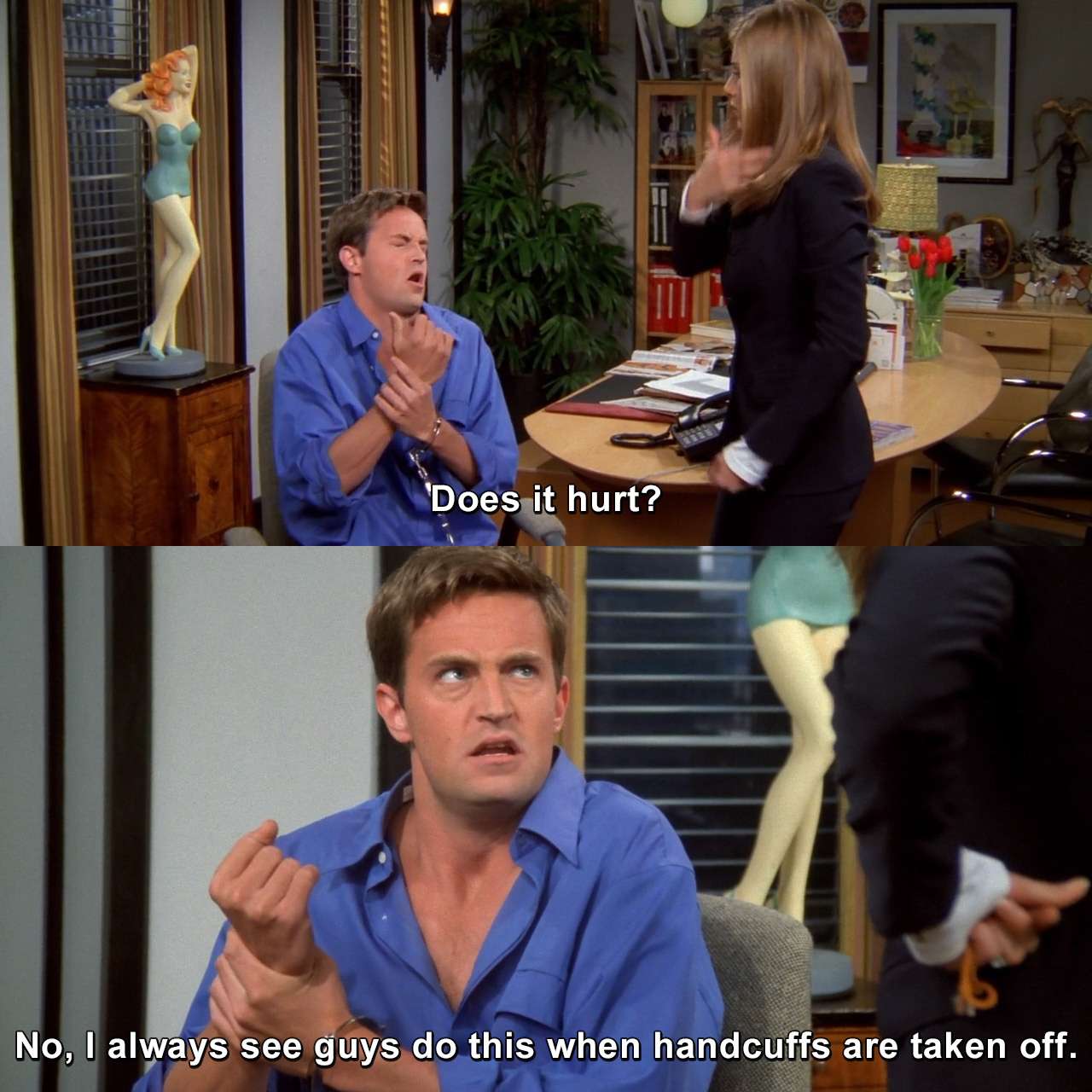 Does it hurt? No, I always see guys do this when handcuffs are taken ...