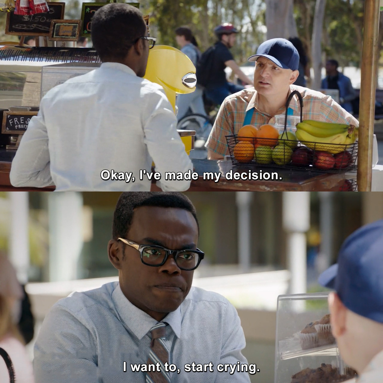 Okay, I've made my decision. I want to, start crying. | The Good Place ...