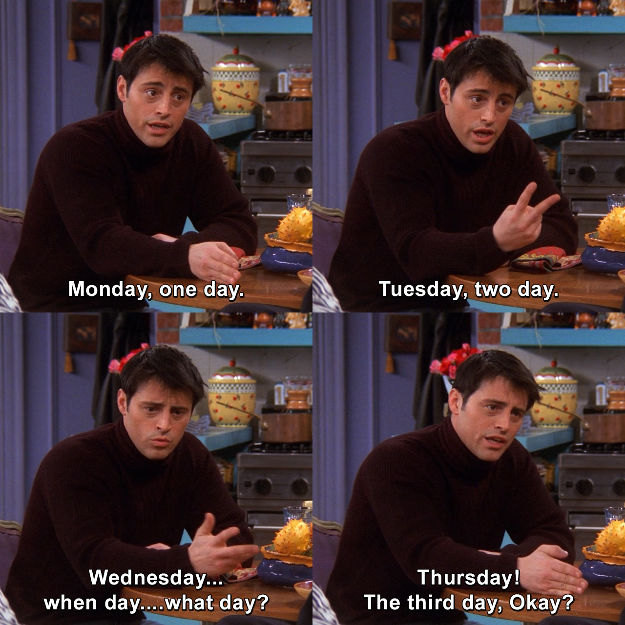 Monday, one day. Tuesday, two day. Wednesday...when day....what day ...